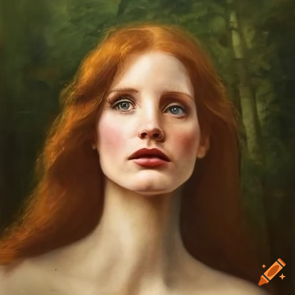 Pre-raphaelite style painting of jessica chastain in a forest on Craiyon
