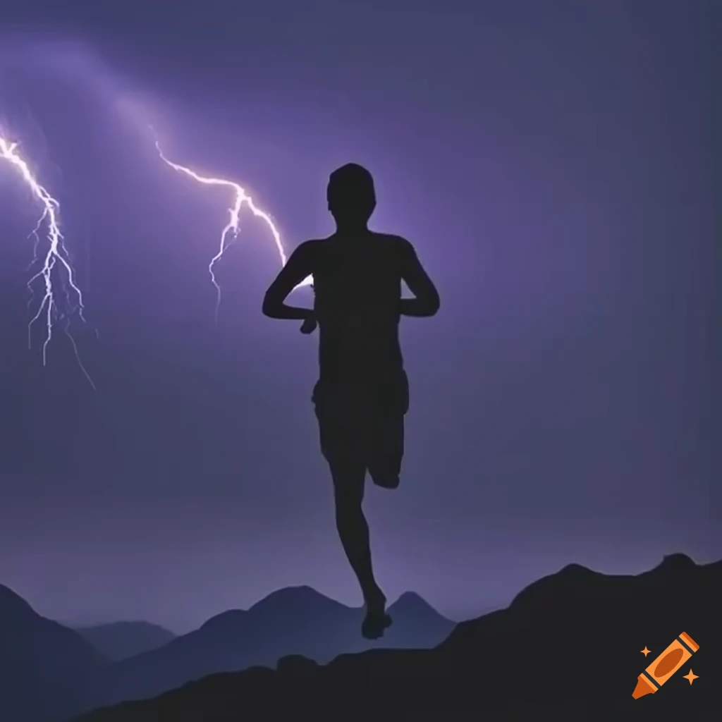 Silhouette of a runner on mountain illuminated by lightning on Craiyon