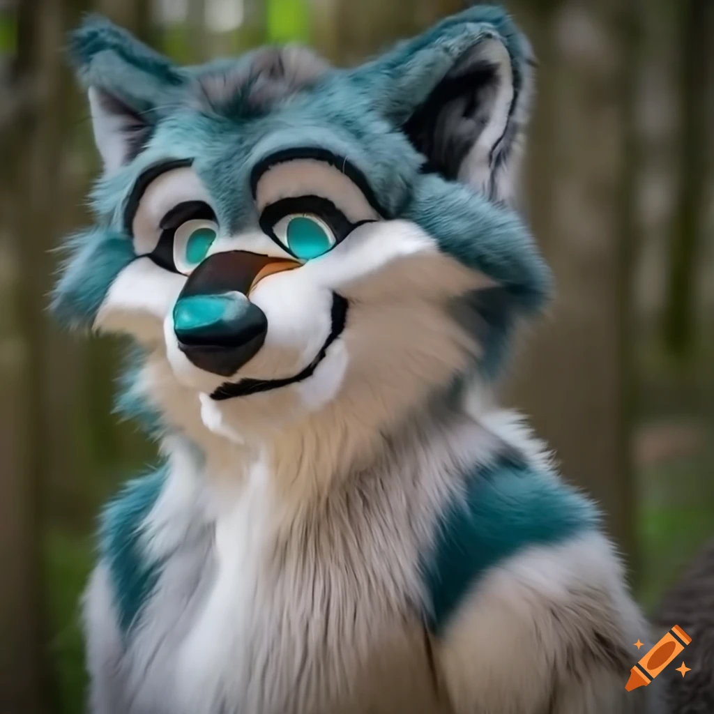 Tall dad in a wolf fursuit standing in a woodland setting on Craiyon