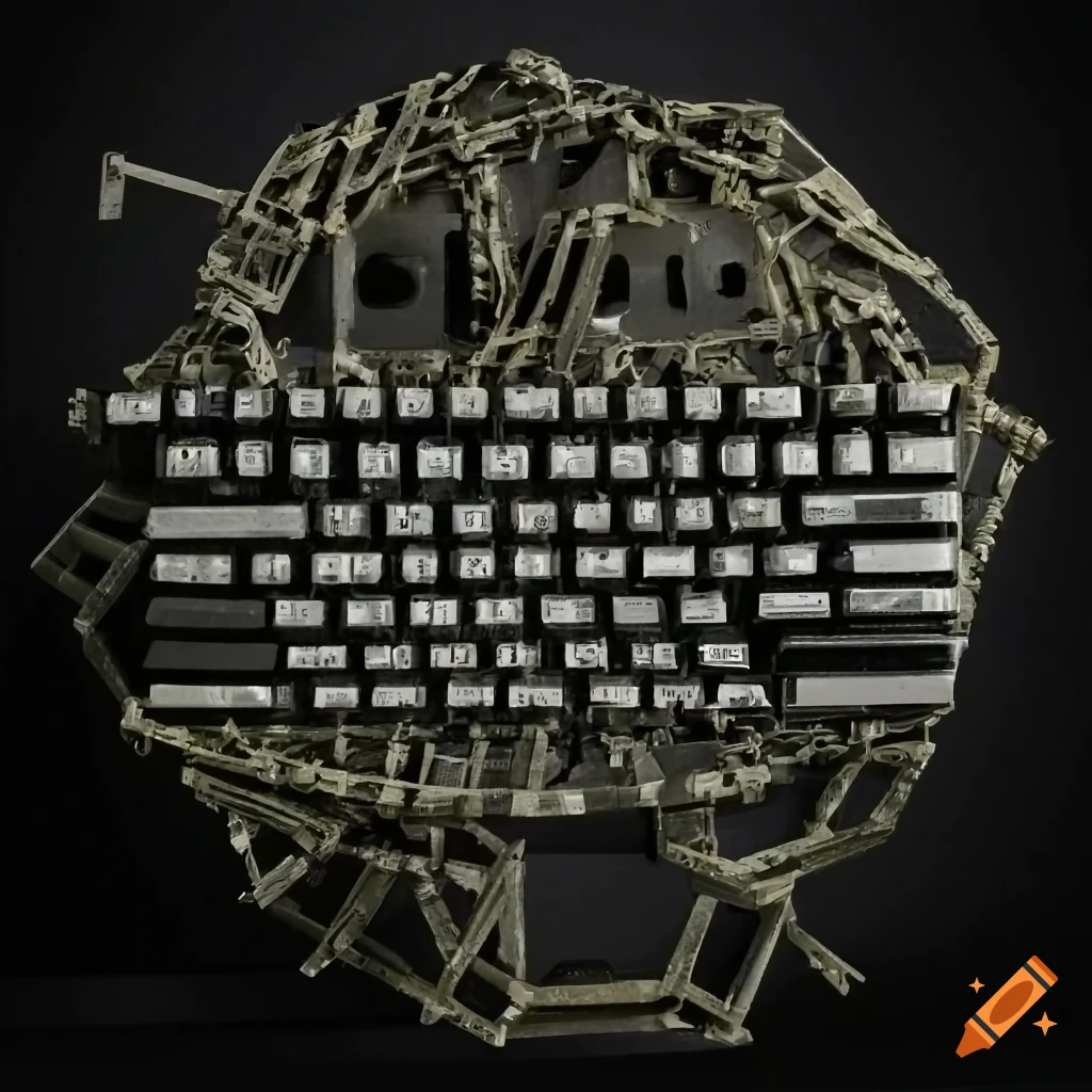 Sculpture made of keyboard keys, vhs cassette, and pipe on black ...