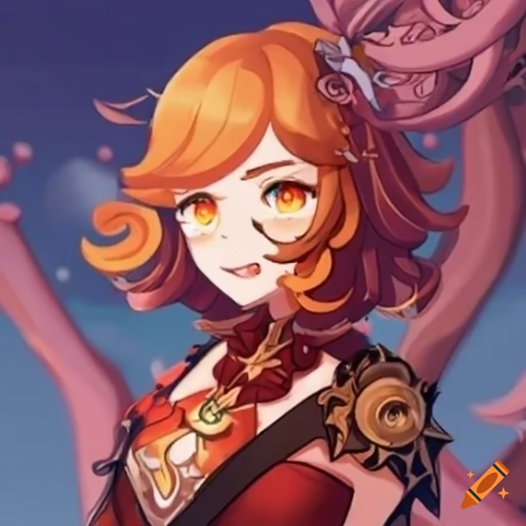 Genshin Impact character with short brown curly hair, pyro character ...