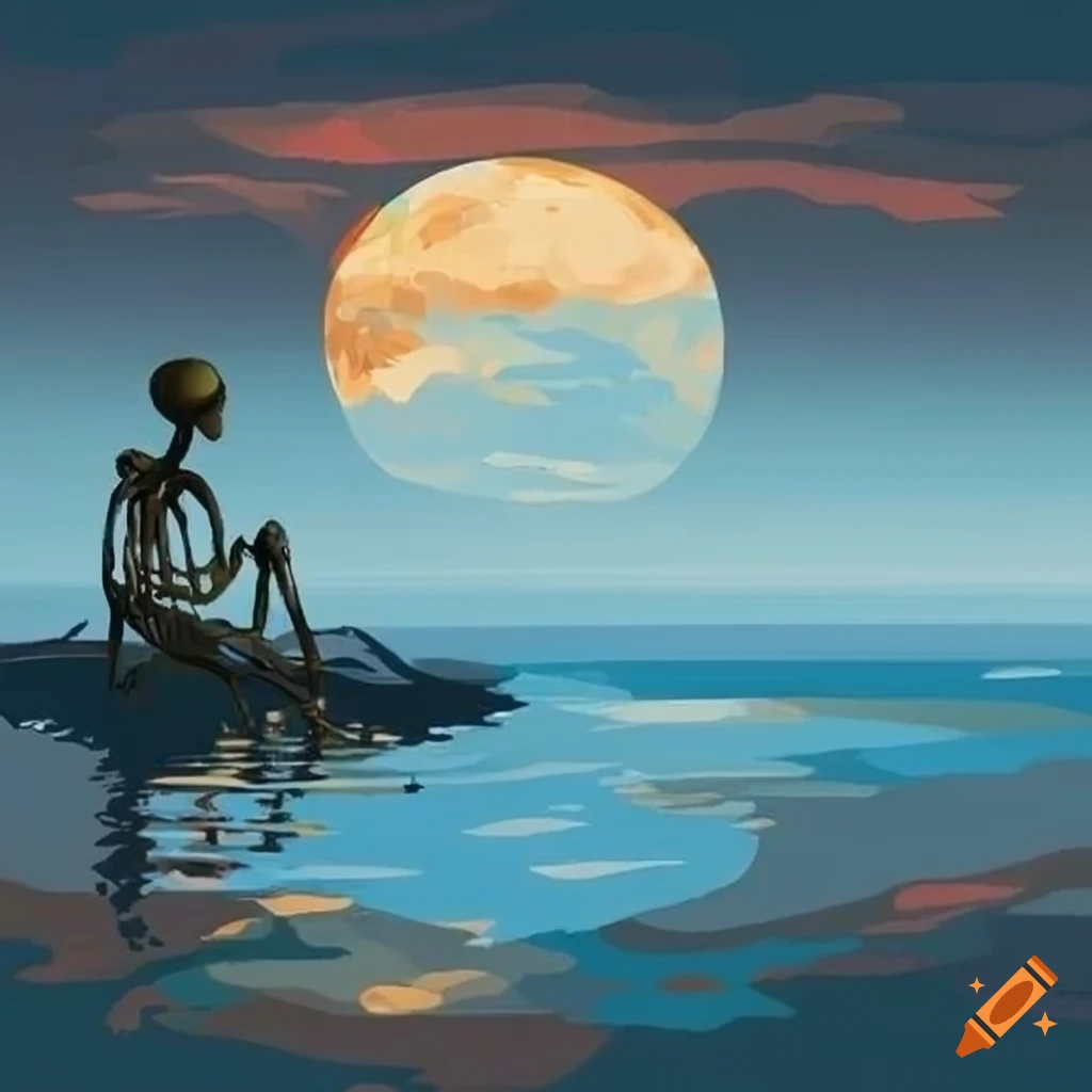 Somber skeleton sitting by a lake on a faraway planet on Craiyon