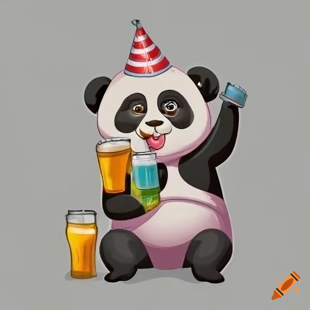 Cartoon panda enjoying a birthday party with beer on Craiyon