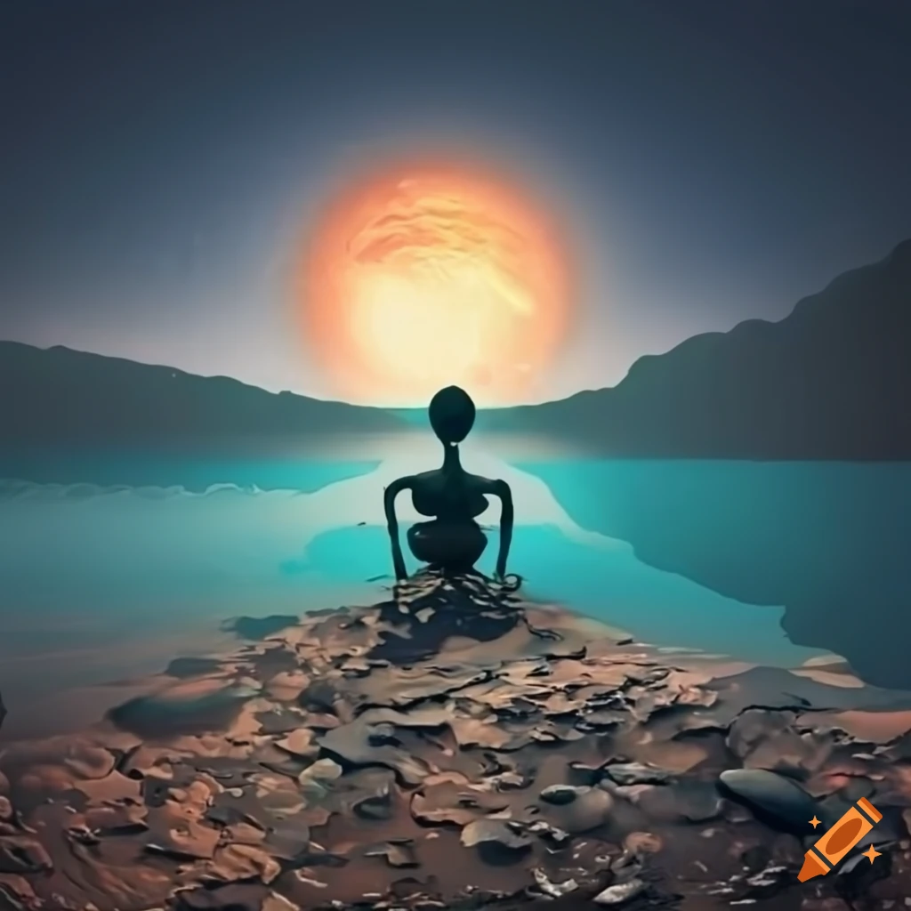 Somber skeleton sitting by a lake on a faraway planet on Craiyon