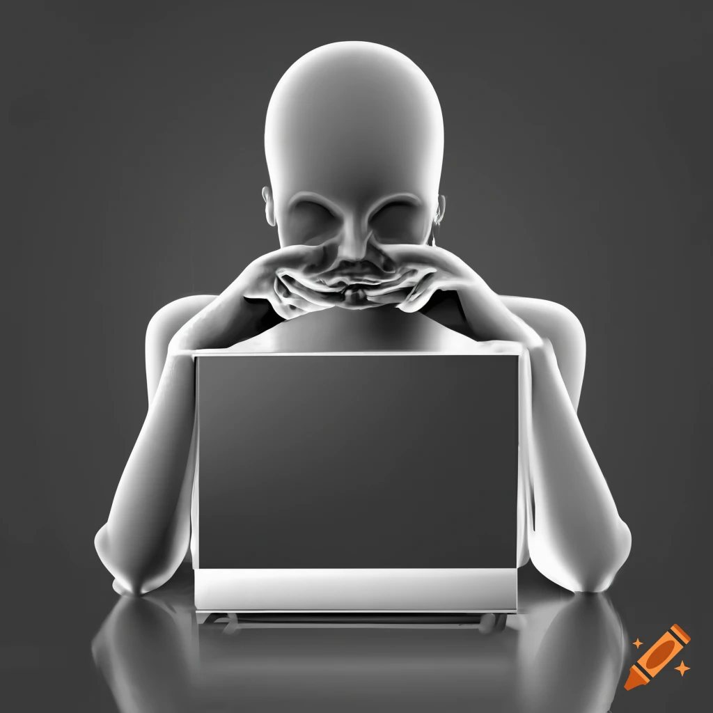 Illustration of a person with a computer instead of a head in black and ...