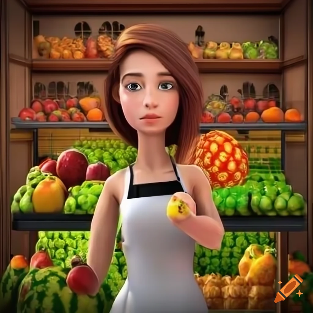 Saleswoman in a small fruit store with various fruits on Craiyon