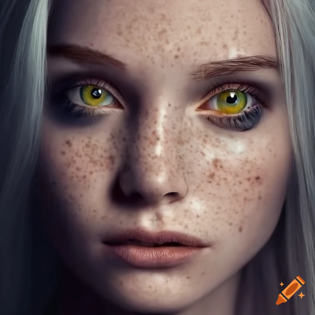 Young beautiful woman with freckled skin and long white hair on Craiyon