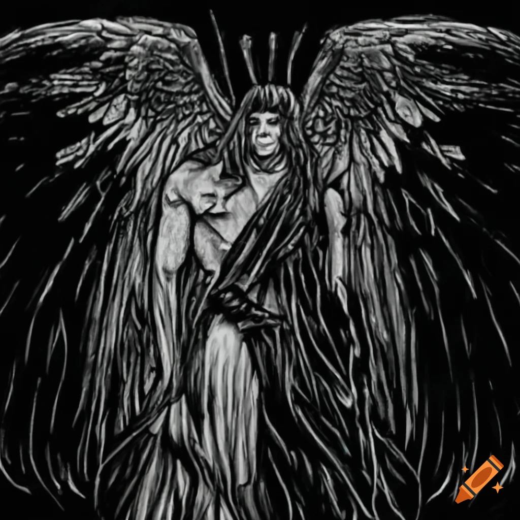 Illustration of a dark angel in high contrast black and white on Craiyon