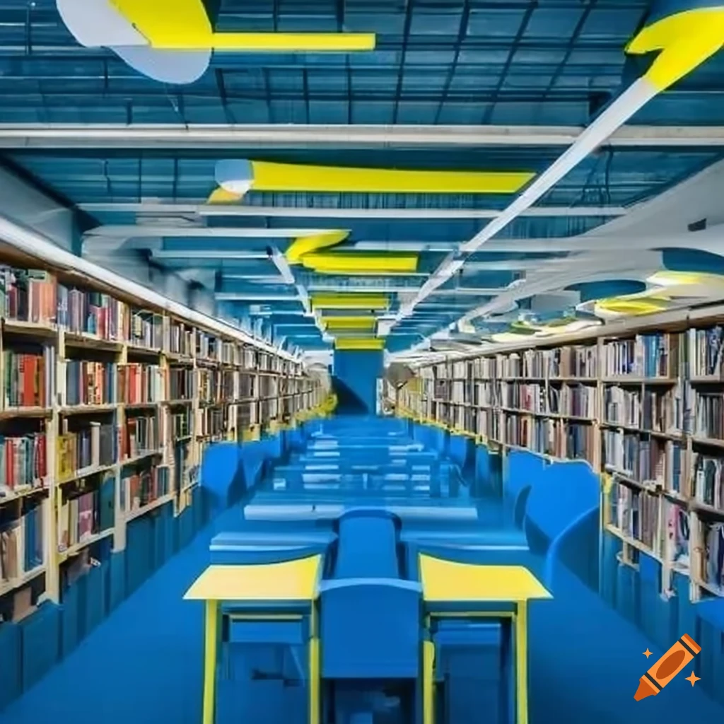 Detailed friendly light blue public library with yellow accents in ...