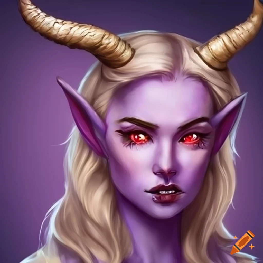 Beautiful tiefling woman with pale purple skin, red eyes, and golden ...