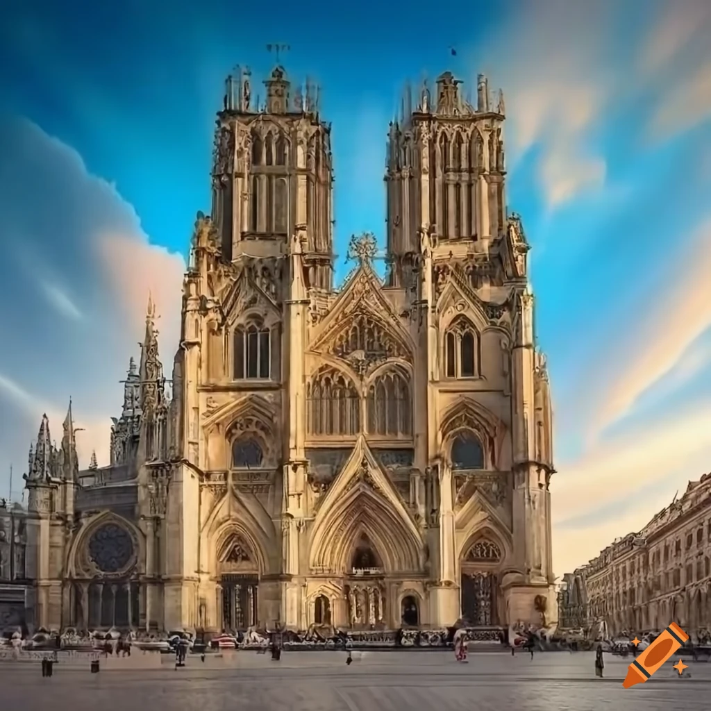 Cathedral with towering spires and intricate carvings on Craiyon