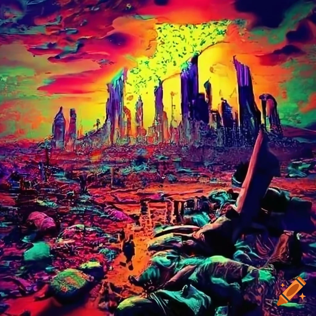 Abstract depiction of a war-torn battlefield with psychedelic colors on ...