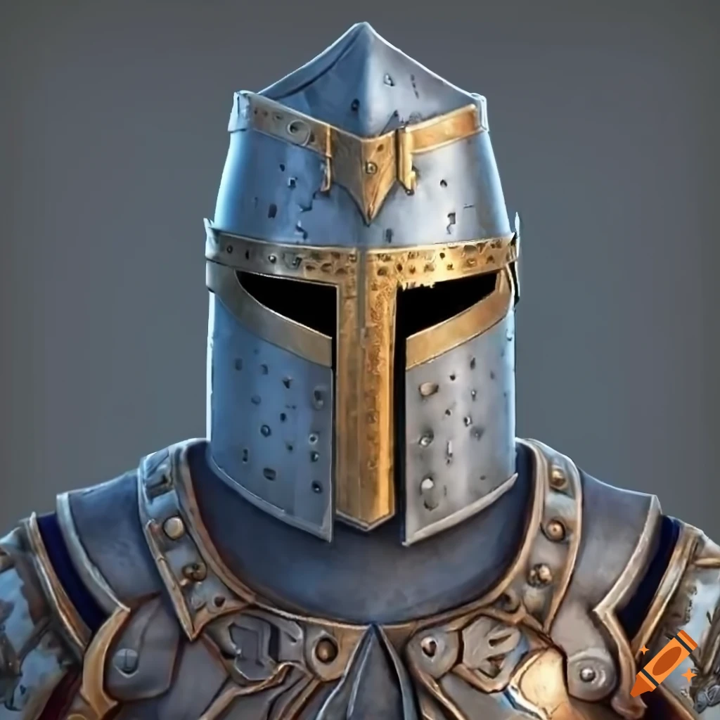 Photorealistic knight in kingdoms of amalur: reckoning style armor and cubic crusader helmet on ...