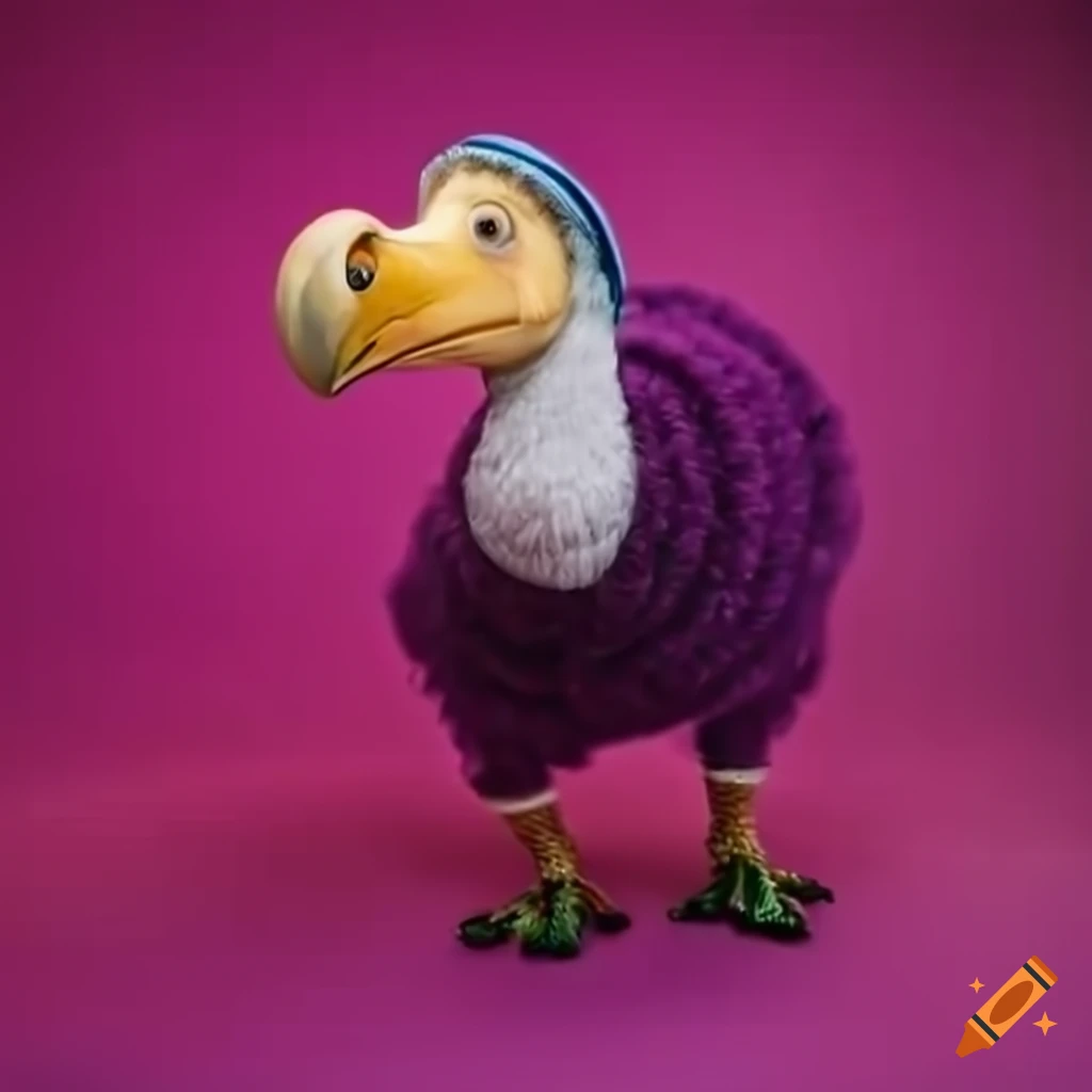 Dodo bird wearing a cute purple sweater and headphones on Craiyon