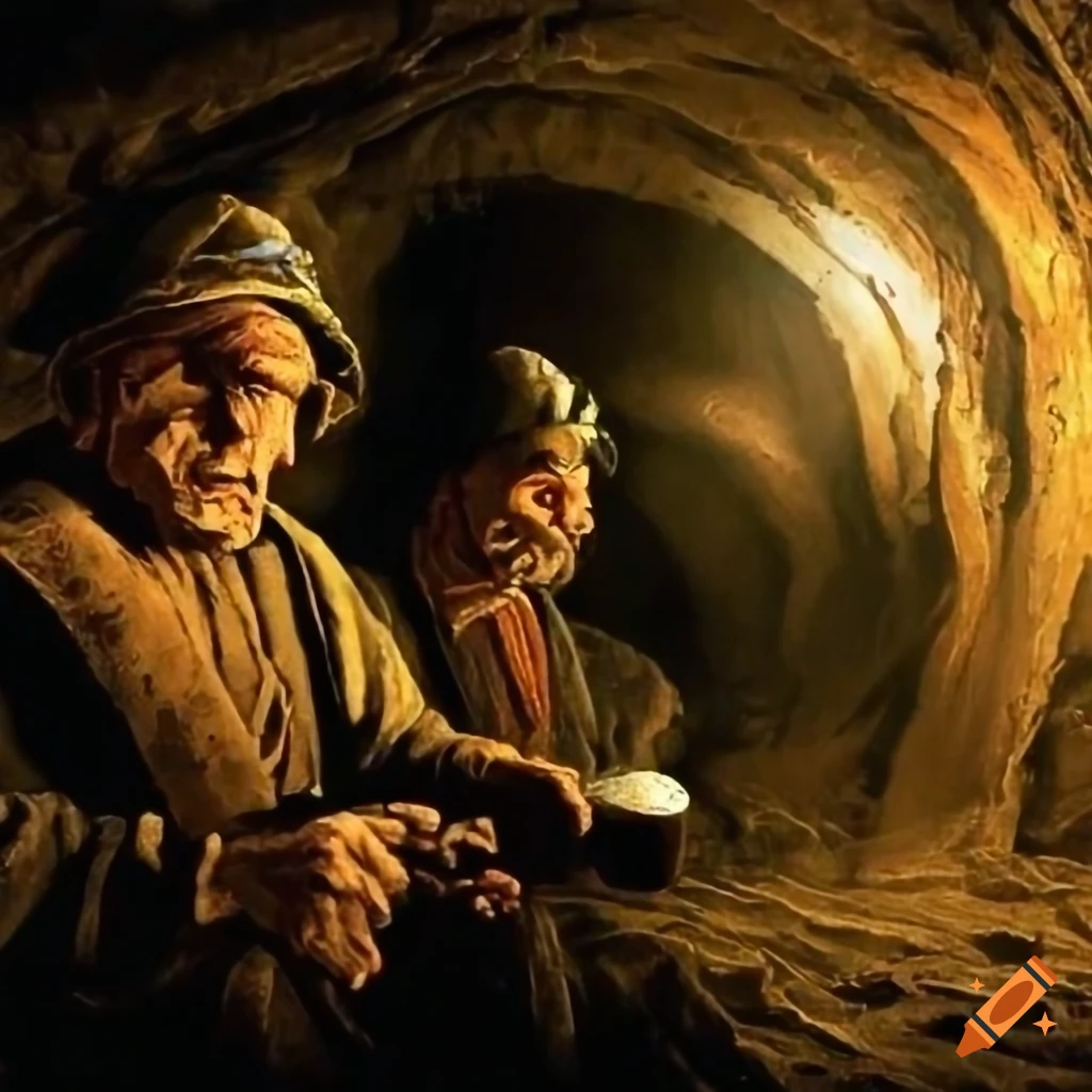 15th century german miners emerging from a mine with a chunk of ...