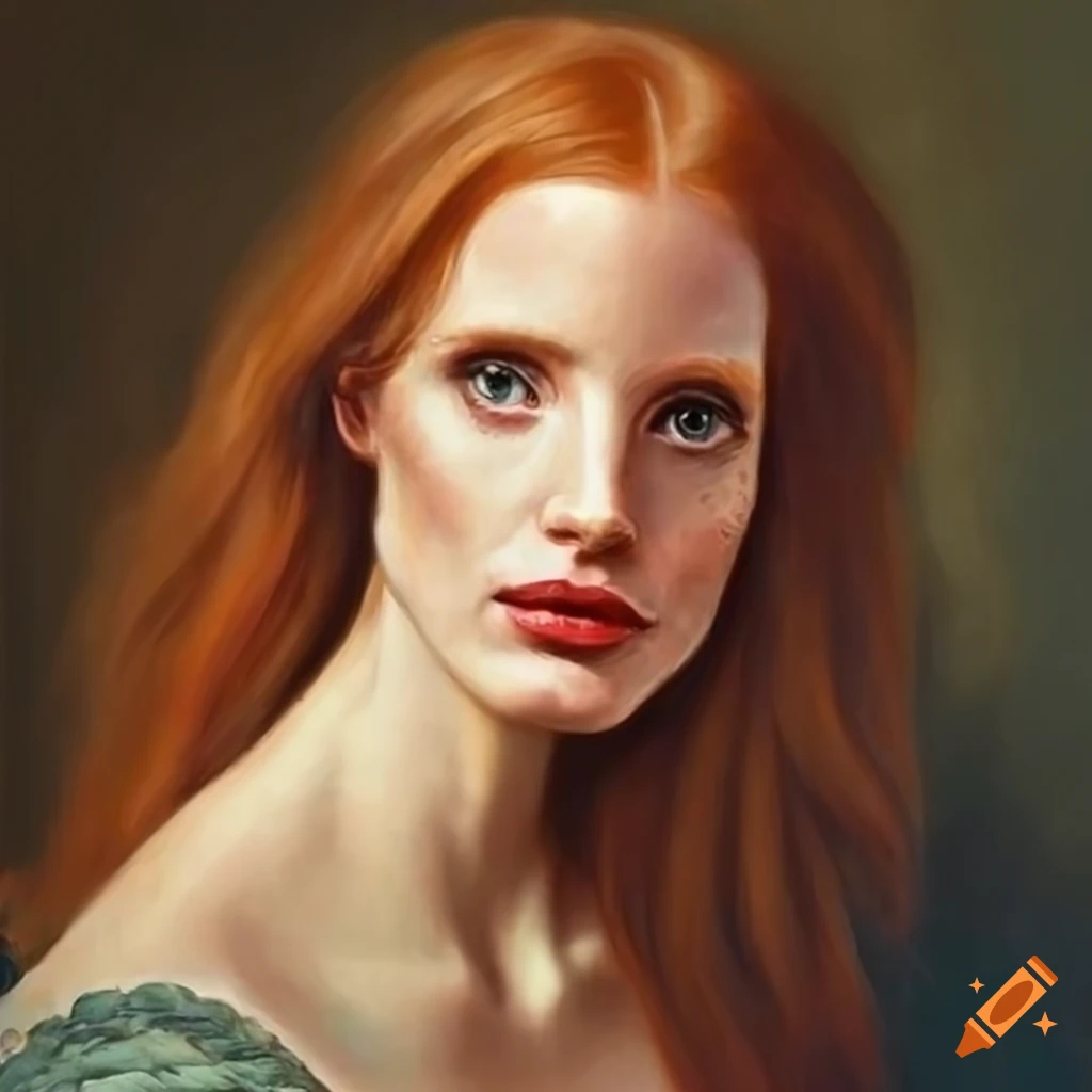 Pre-raphaelite style painting of young jessica chastain on Craiyon