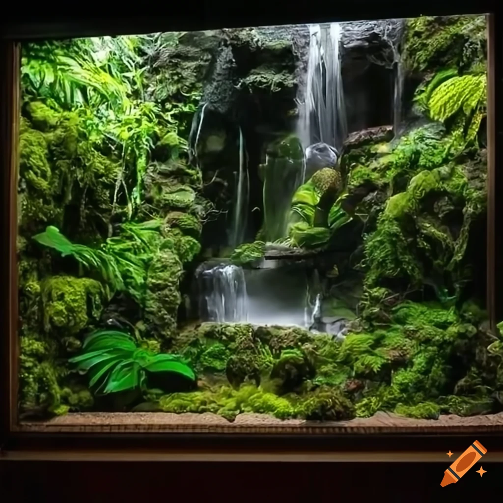Tall jungle-inspired paludarium with a waterfall and moss on Craiyon