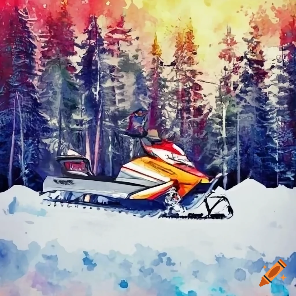 Snowmobile driving in the snow with a forest in watercolor style on Craiyon