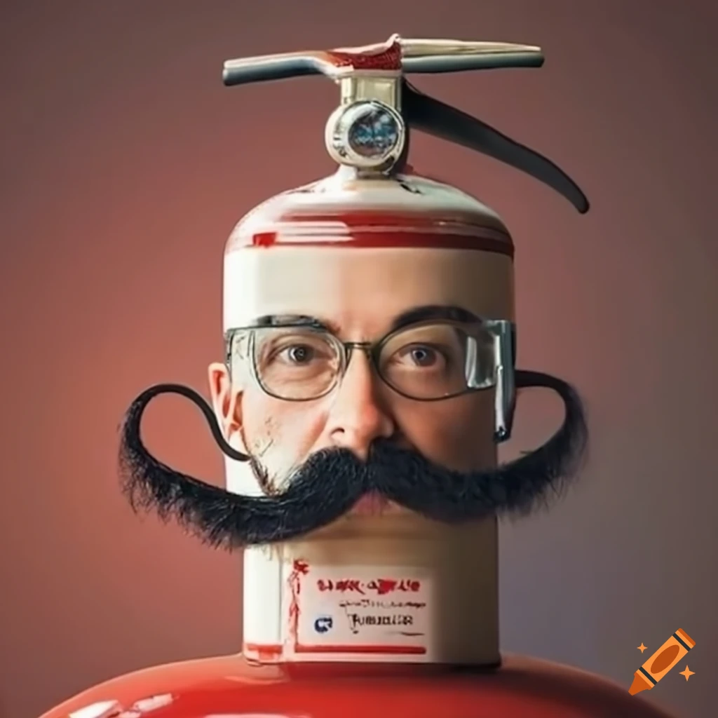 Man with a mustache inside a fire extinguisher on Craiyon