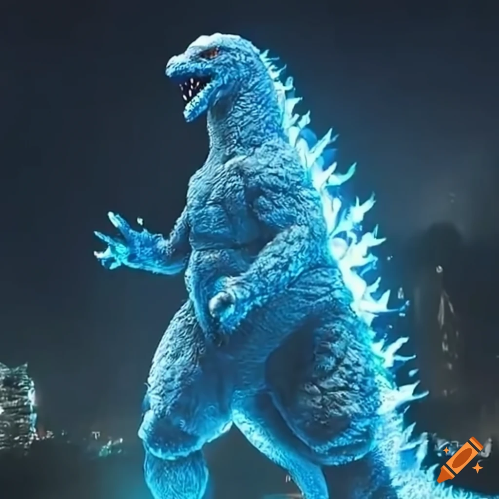 Glowing blue energy beam unleashed by godzilla at king kong on Craiyon