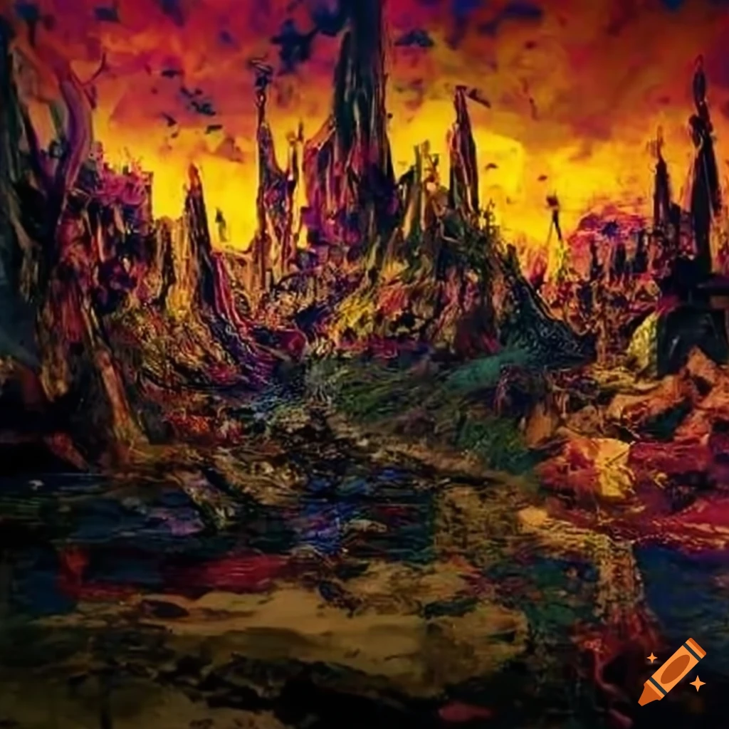 Abstract depiction of a war-torn battlefield with psychedelic colors on ...