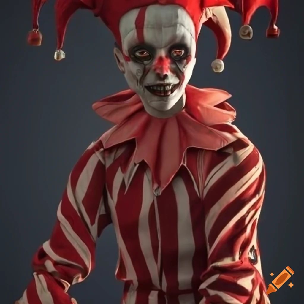 Colorful jester outfit in a horror setting on Craiyon