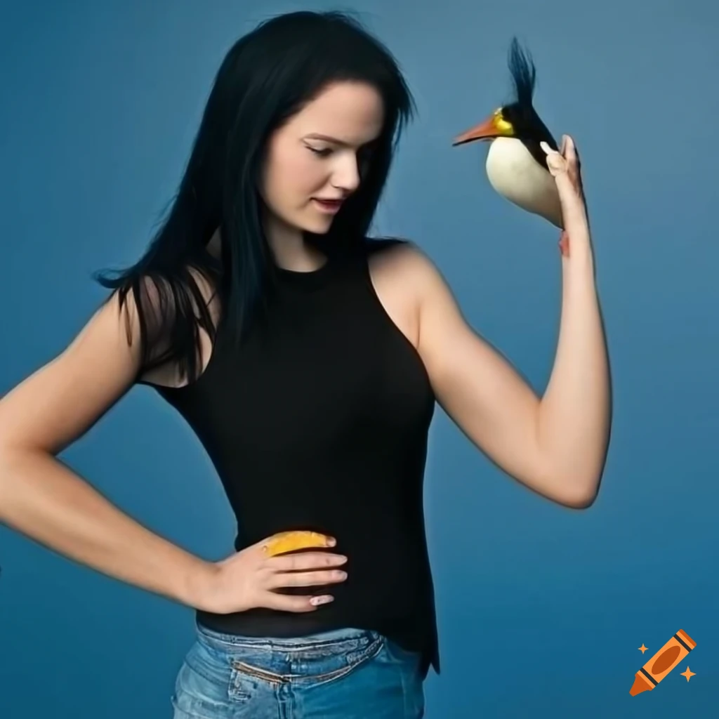 Duck woman with long black hair wearing black t-shirt and blue jeans on ...
