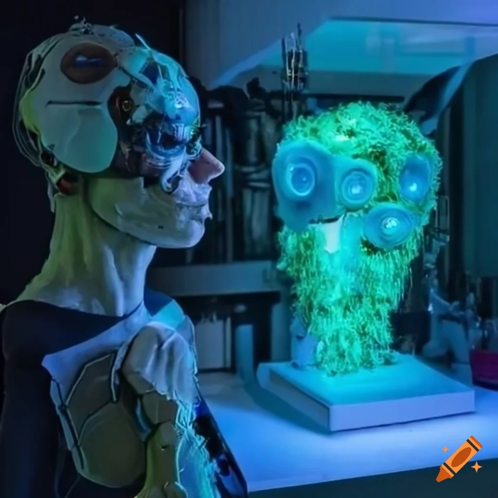High-tech biopunk cyborg covered in glowing moss in futuristic ...