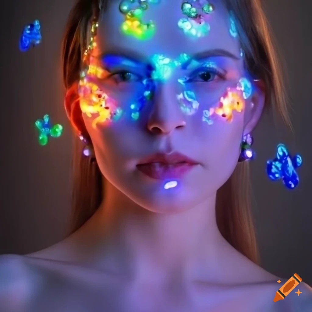 Female portrait with fluorescent lights and butterfly-shaped pearls in ...