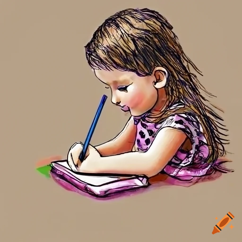 Child writing in a line drawing on Craiyon