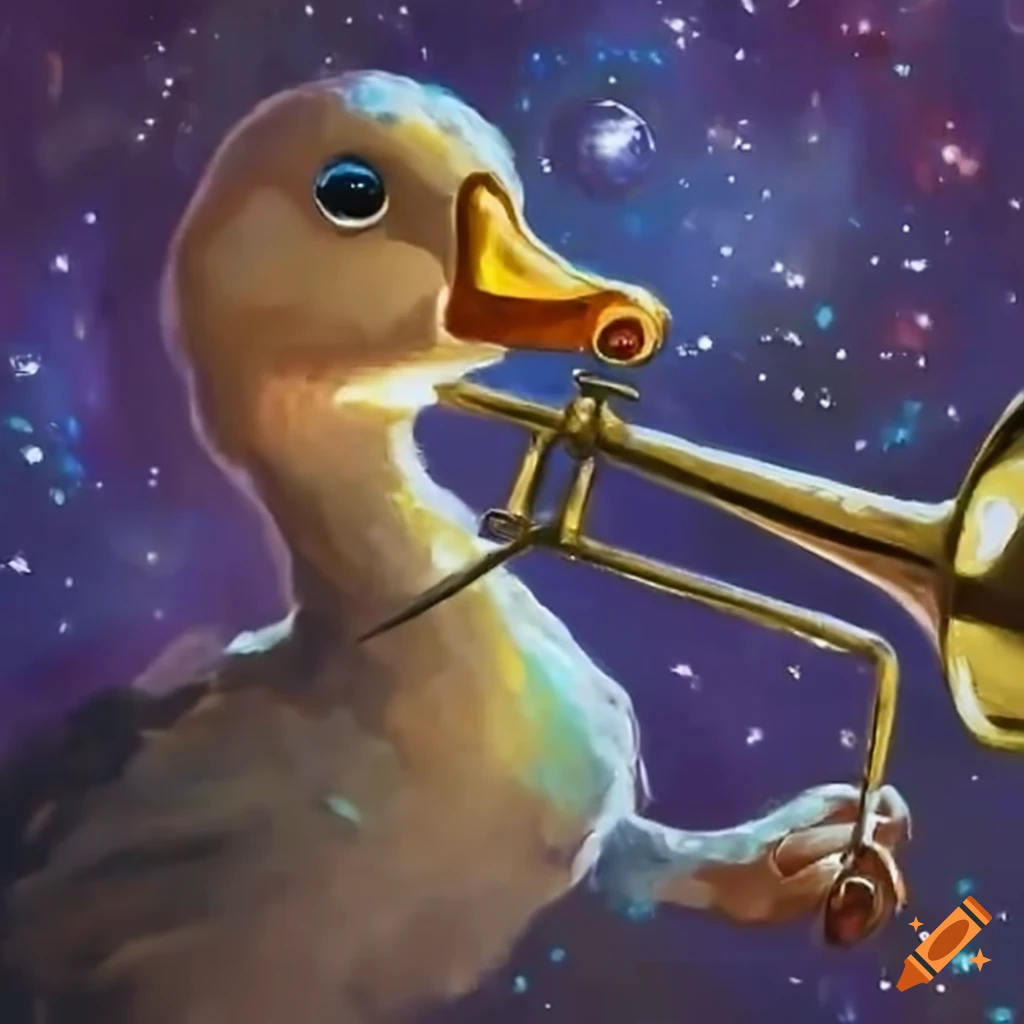 Animated duck playing trombone in space on Craiyon