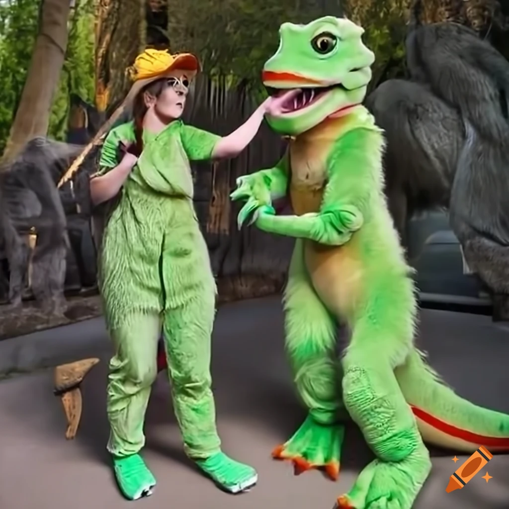 Two female workers in lizard mascot costumes at the zoo on Craiyon