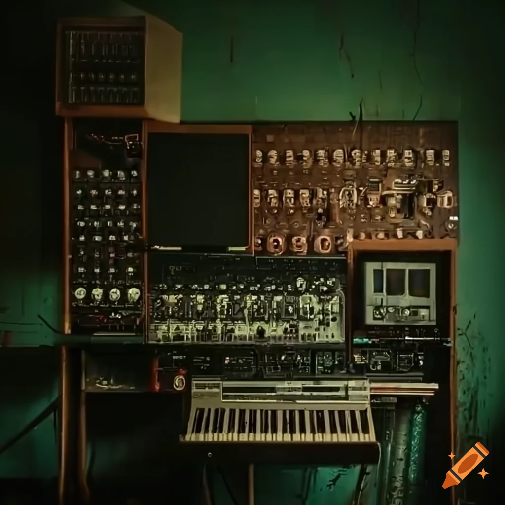 Large vintage modular synth setup with green plants and dark lighting ...