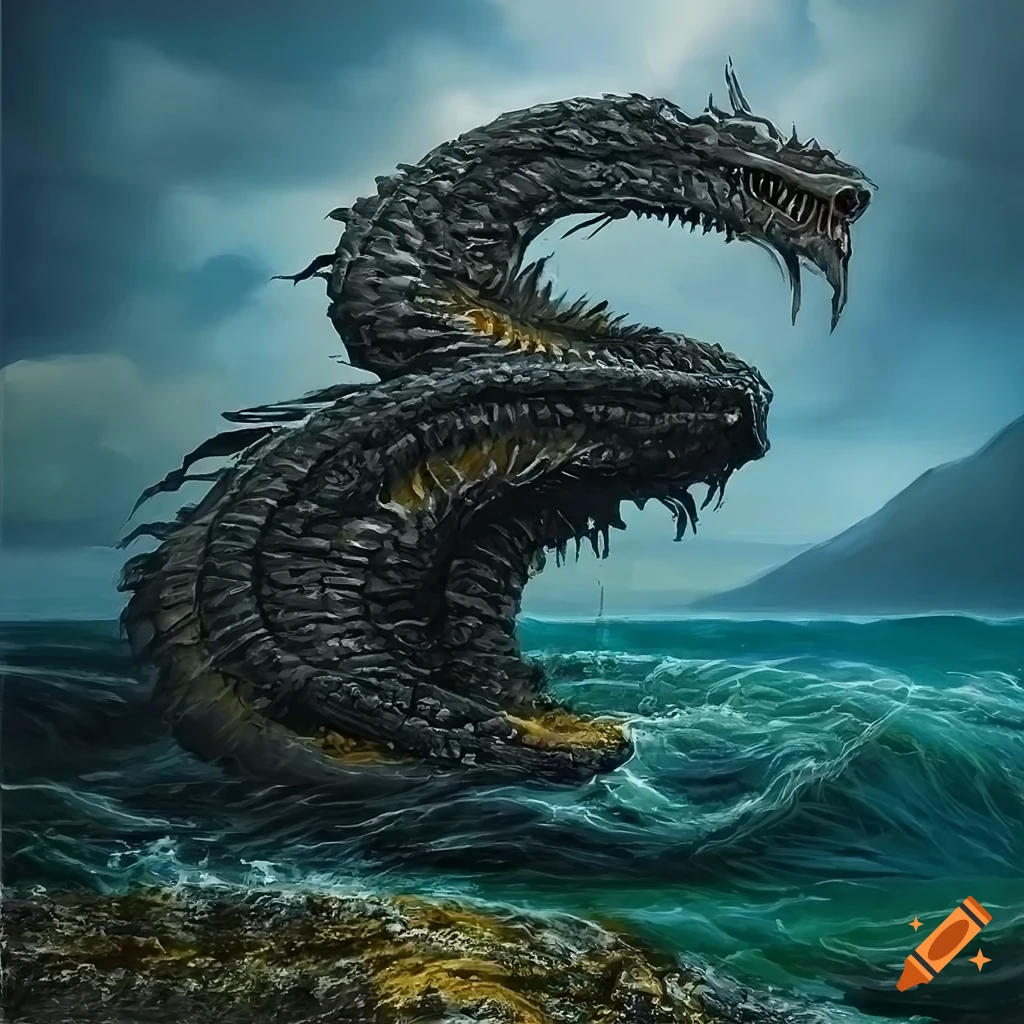 Gigantic elemental sea serpent breaching the waves near a tropical ...