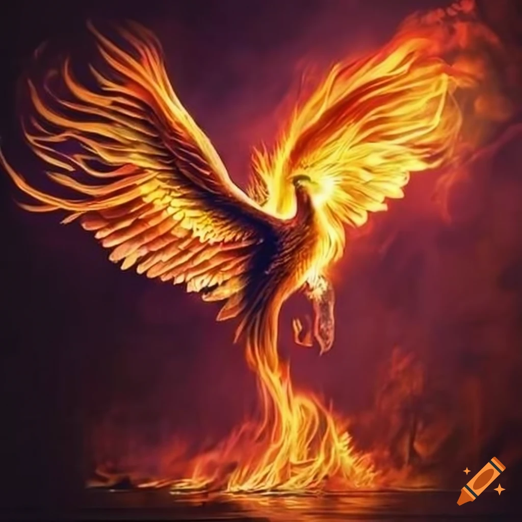 Phoenix rising from the ashes surrounded by fire on Craiyon