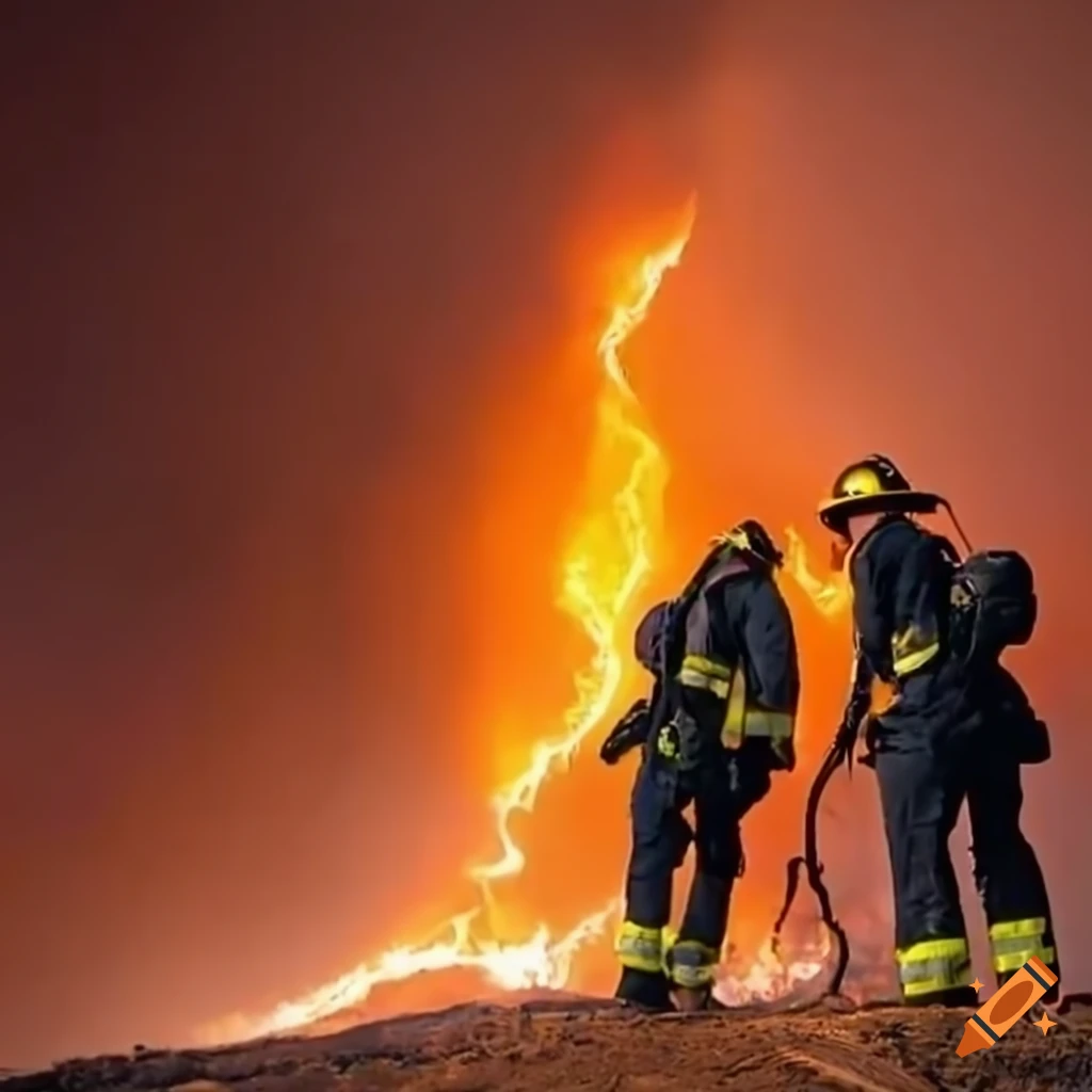 Firefighters battling a wildfire in a canyon on Craiyon