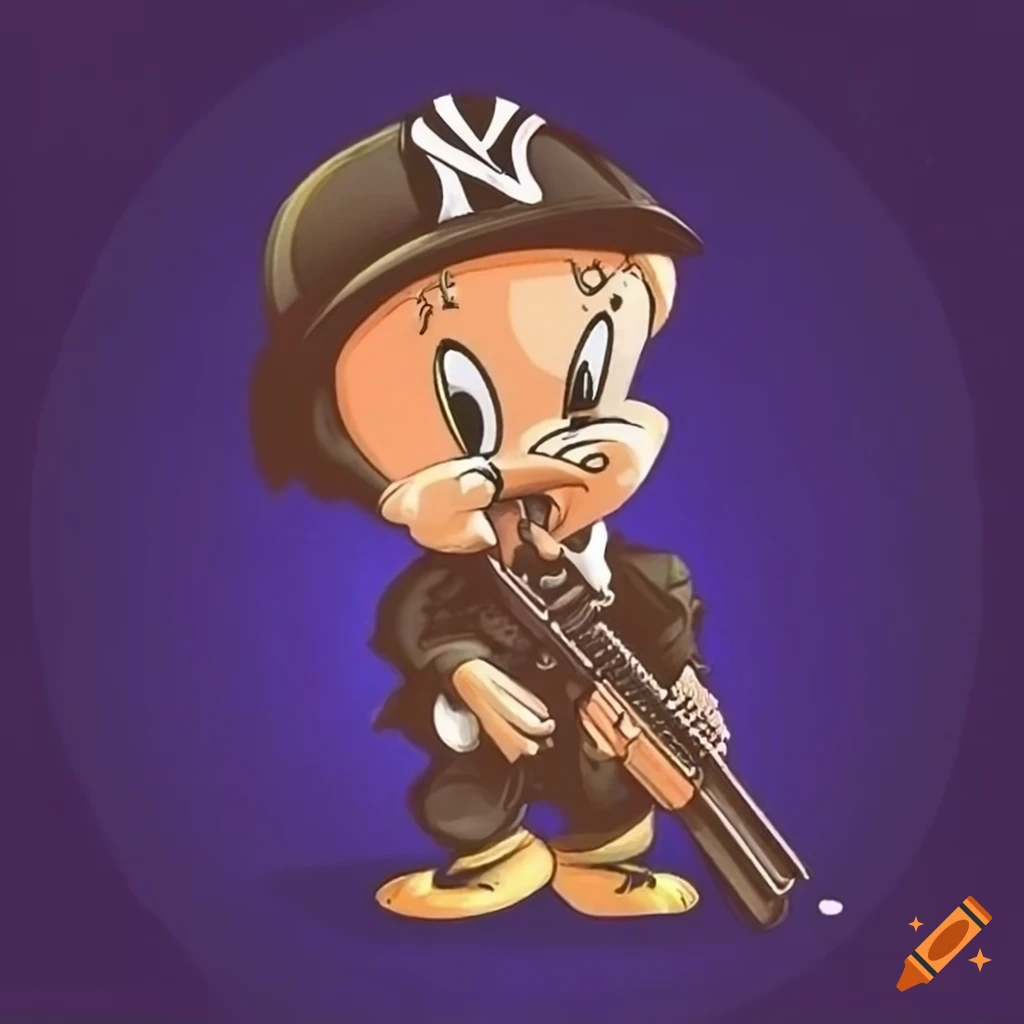 Front view of elmer fudd with a yankees hat and gold necklaces holding ...