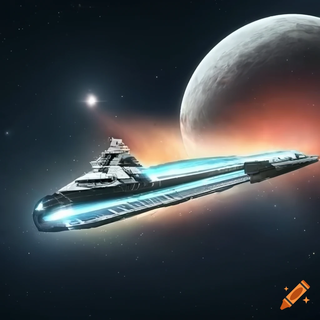 Futuristic space sailing ship between interstellar planets and stars on ...