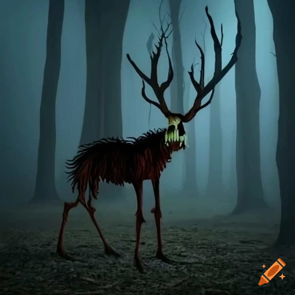 Wendigo with skull face in foggy woods on Craiyon