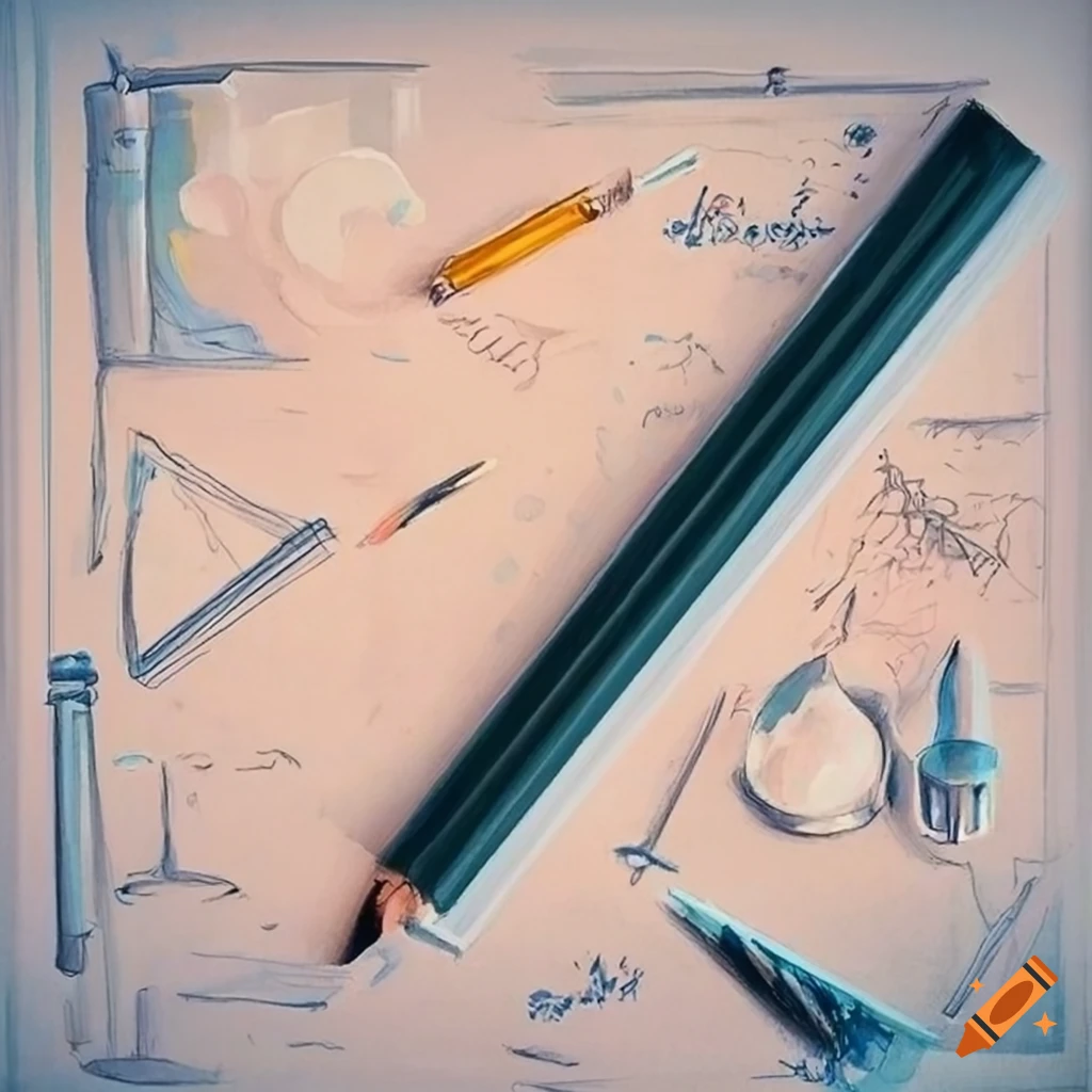 Top down view of drafting, painting, and drawing tools on a table with ...