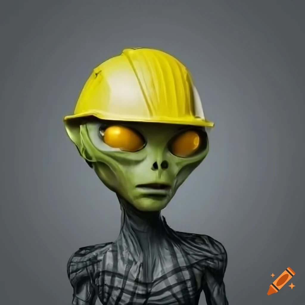 Alien engineer with yellow safety helmet on solid gray background on ...