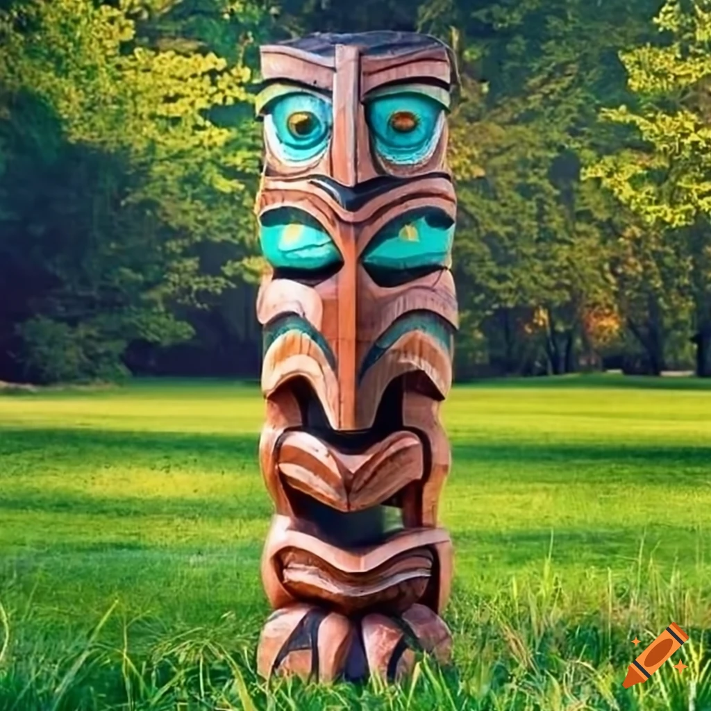 Tiki style sculpture of mc solar totem pole on Craiyon