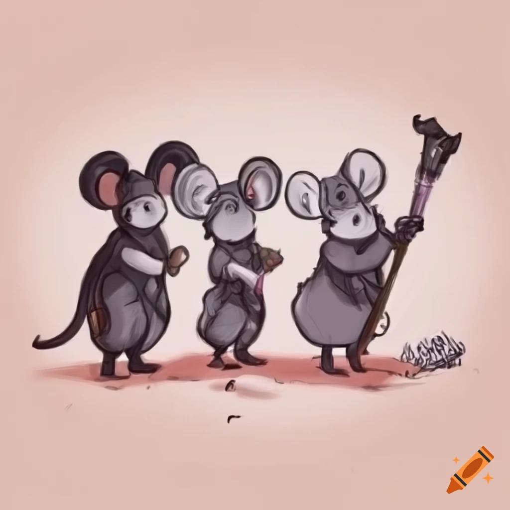 Adventurous sketch of four mice with weapons and magic staffs on Craiyon