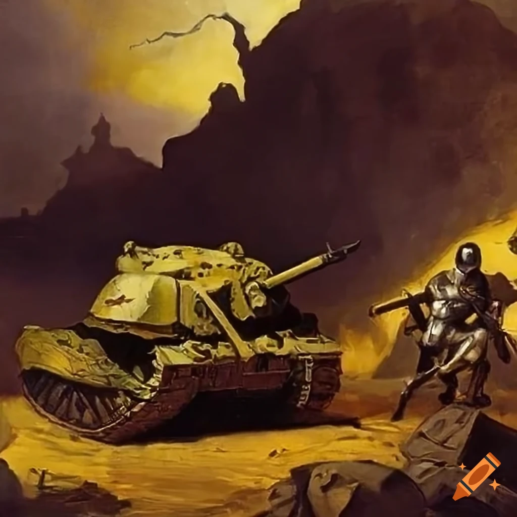 Medieval tanks with knights on a battlefield in an oil painting style ...