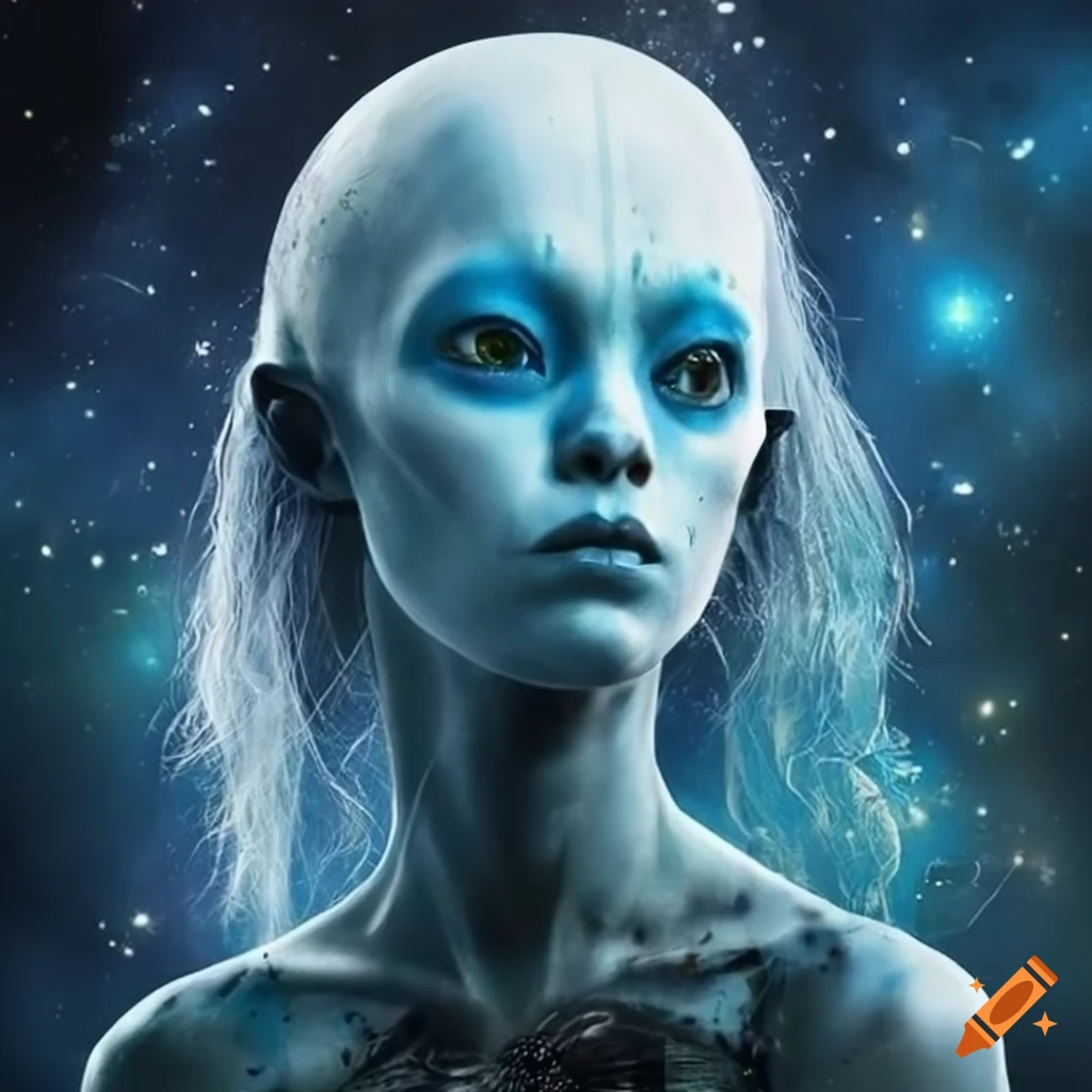 Movie poster of a half-alien girl with white hair and blue skin in a meta universe on Craiyon
