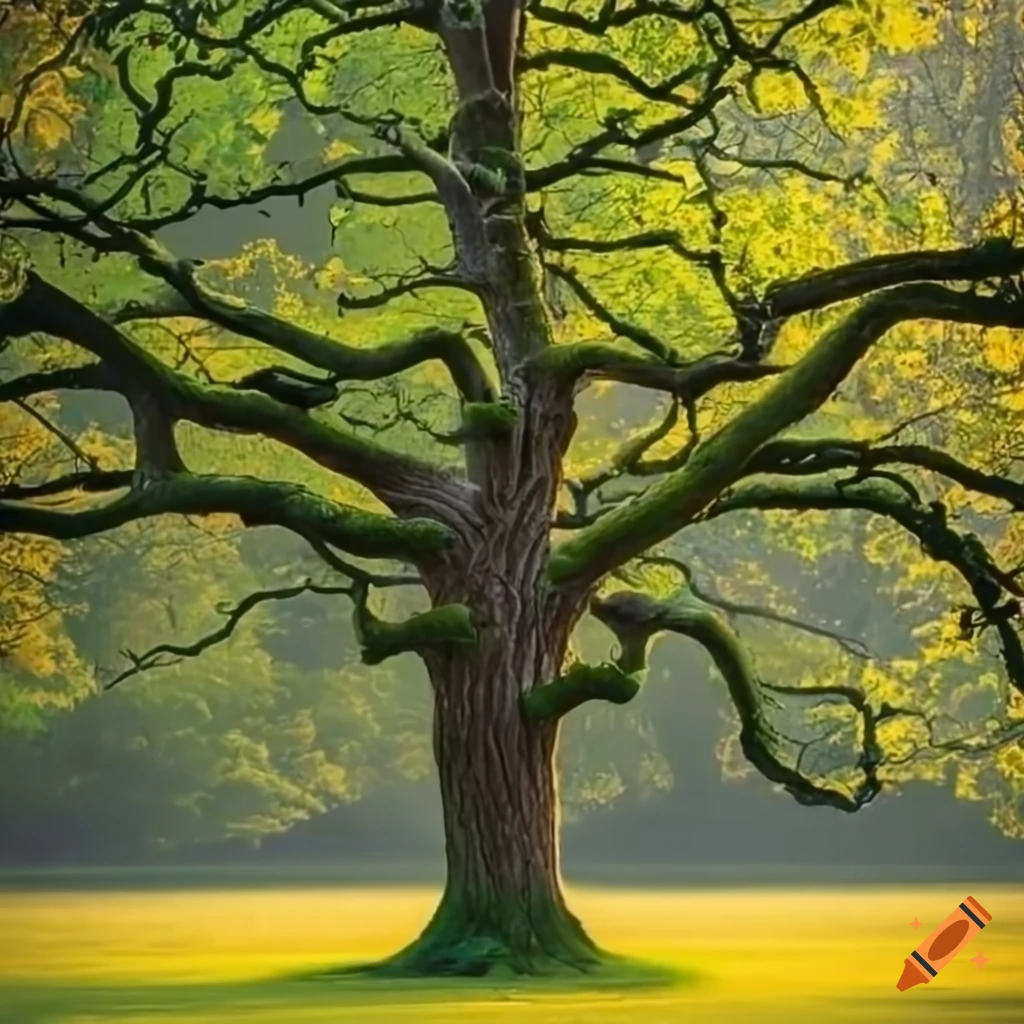 Majestic oak tree with wise eyes standing tall in a vibrant forest on ...