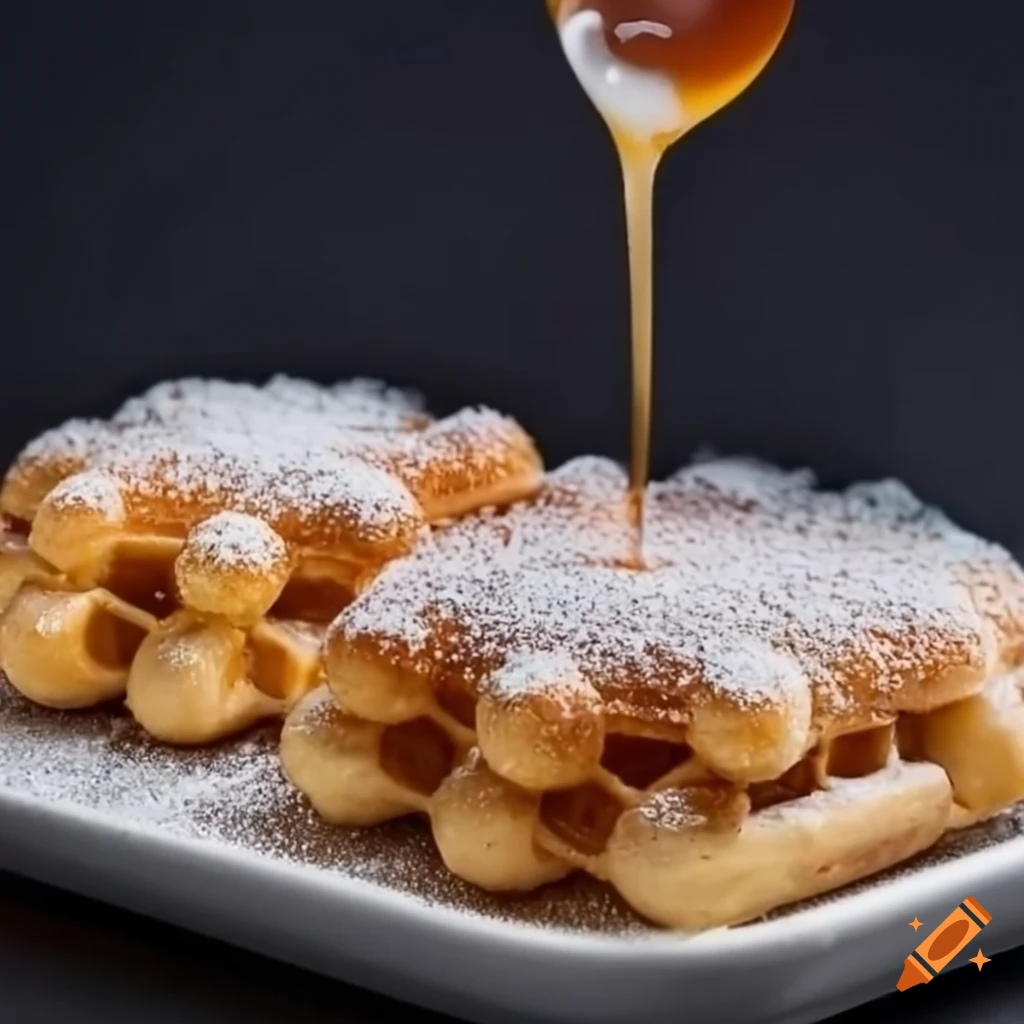 Three delicious belgium waffles with powdered sugar and maple syrup on ...