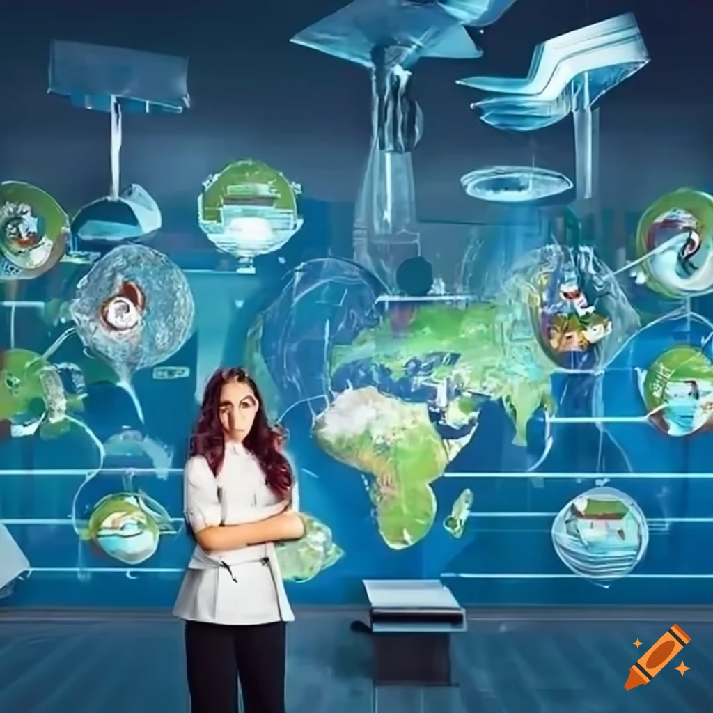 Modern and futuristic earth science classroom with a confident female ...