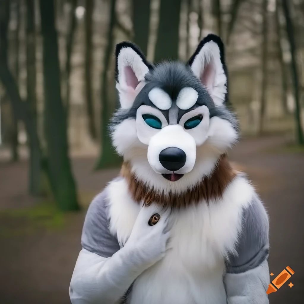 Tall dad wearing a husky fursuit standing in woodland on Craiyon