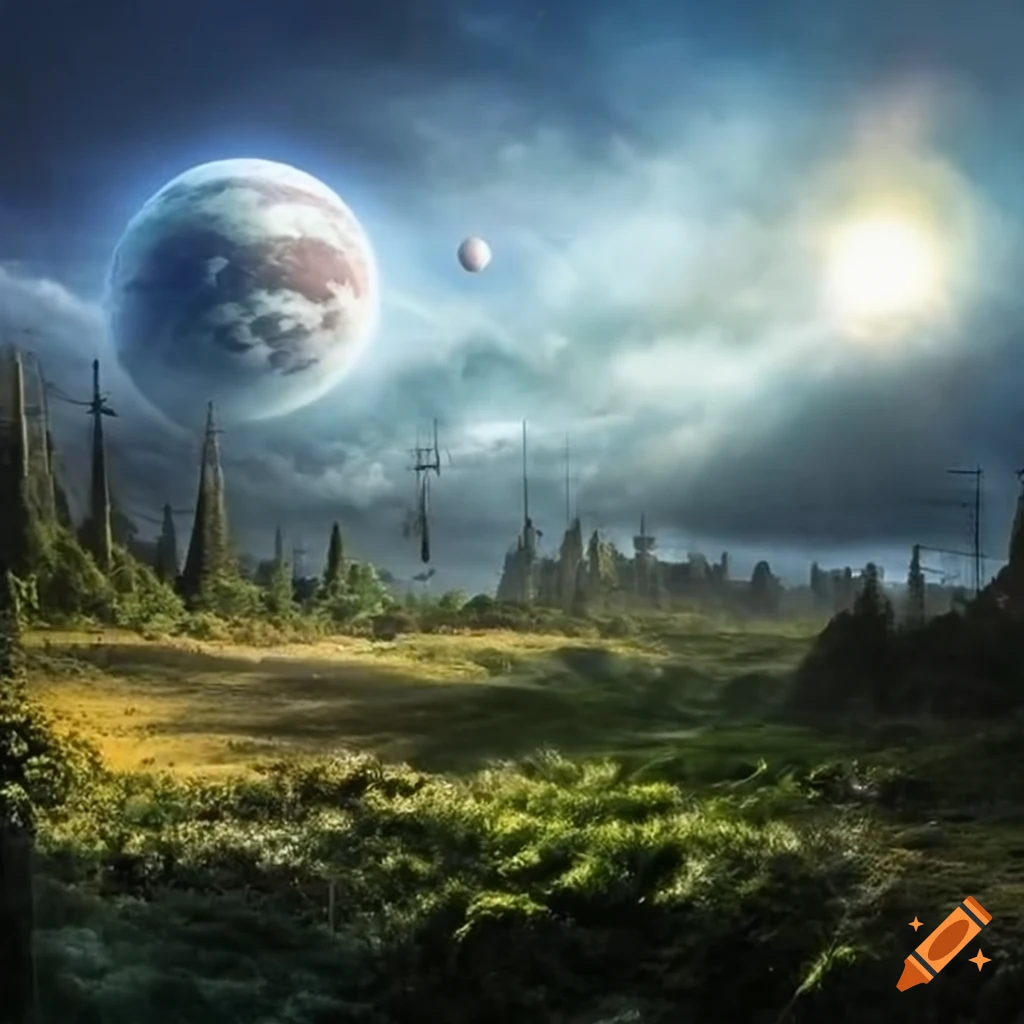Post-apocalyptic landscape with alien vegetation and planets in the sky ...